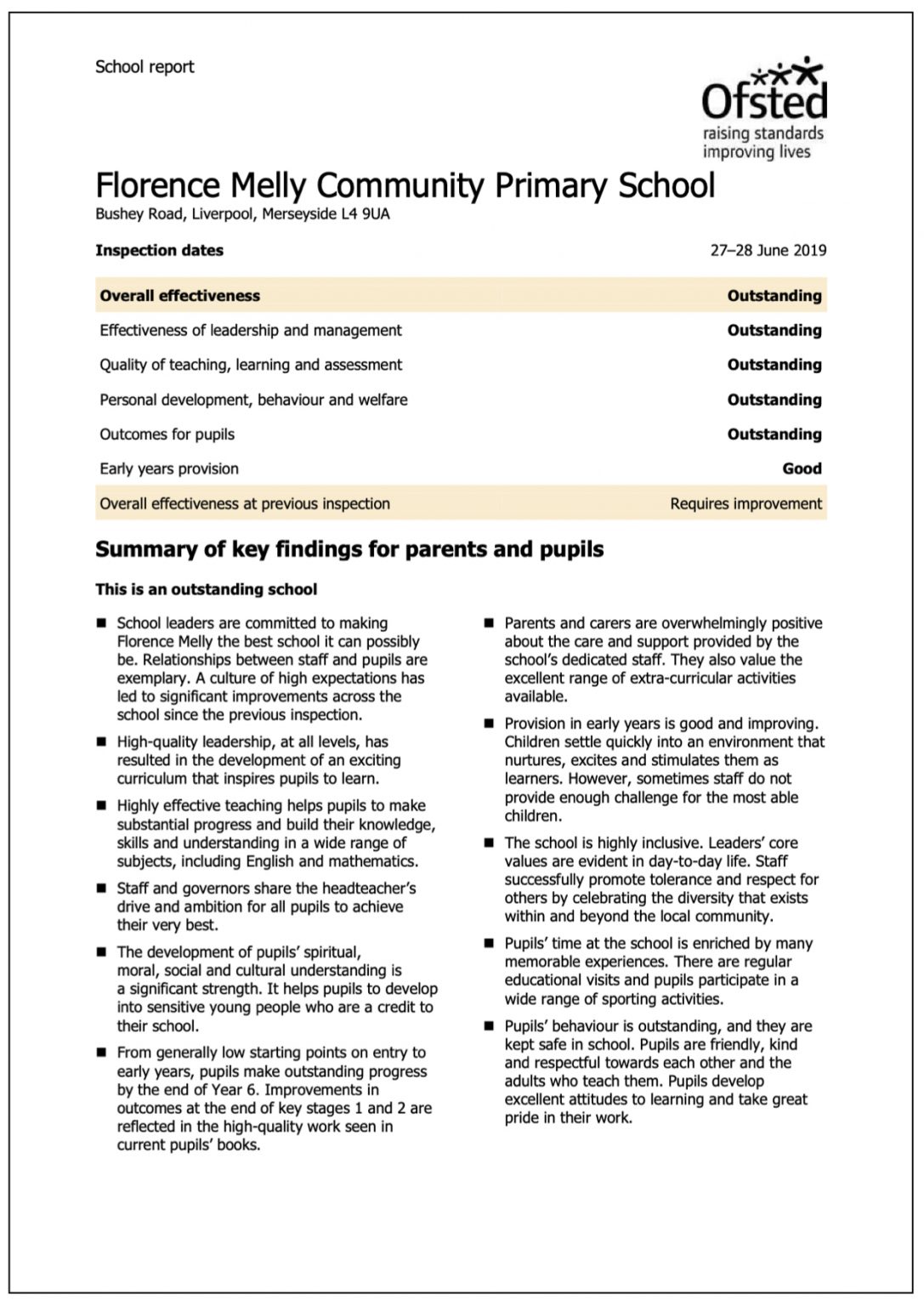Our Ofsted Report - Florence Melly Community Primary School