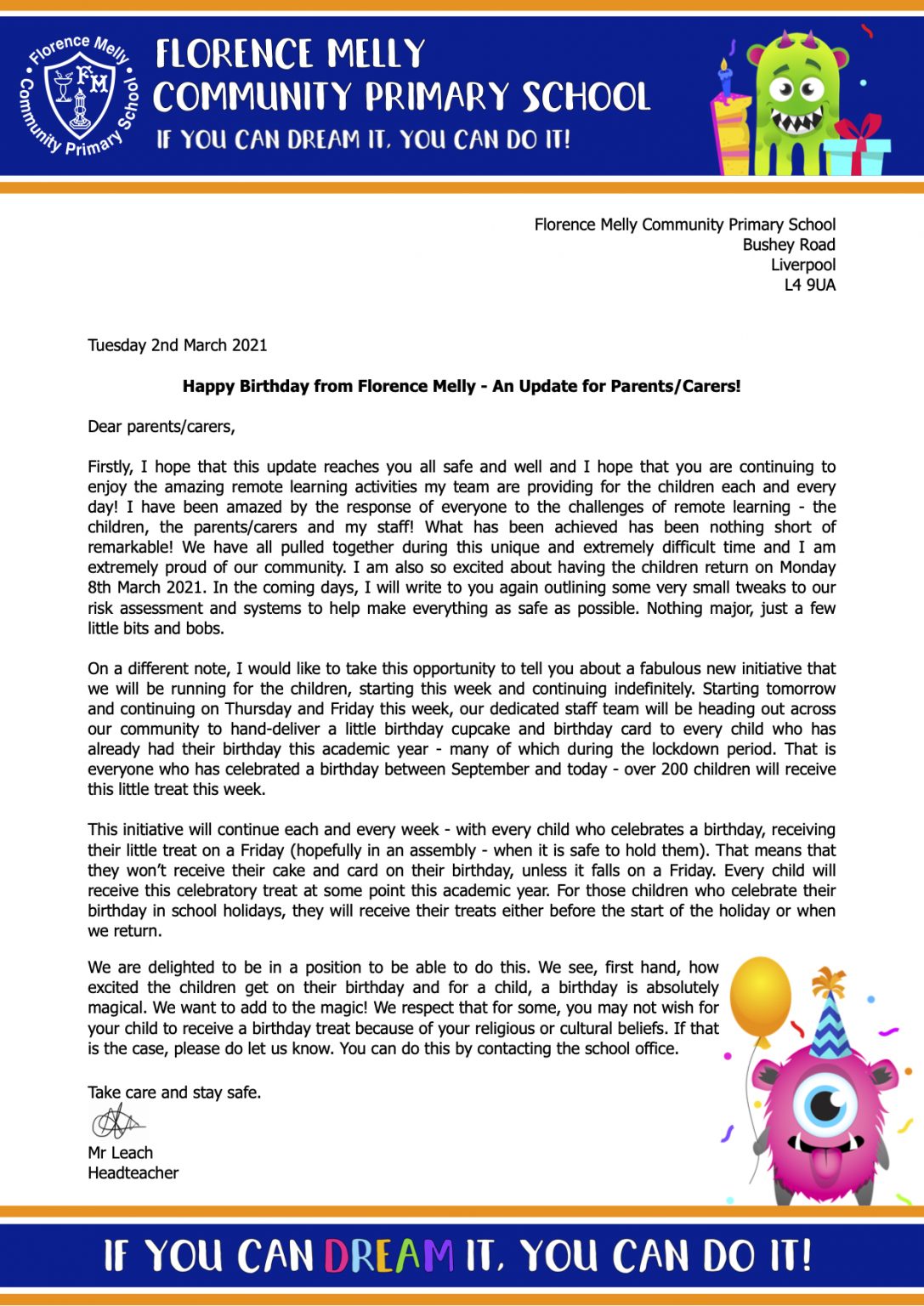 A New 'Birthday Treat' Initiative! - Florence Melly Community Primary ...