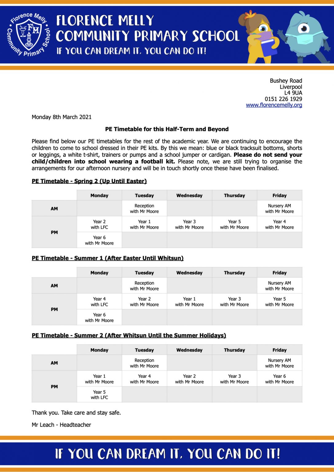 PE Timetable for this Half-Term and Beyond - Florence Melly Community ...