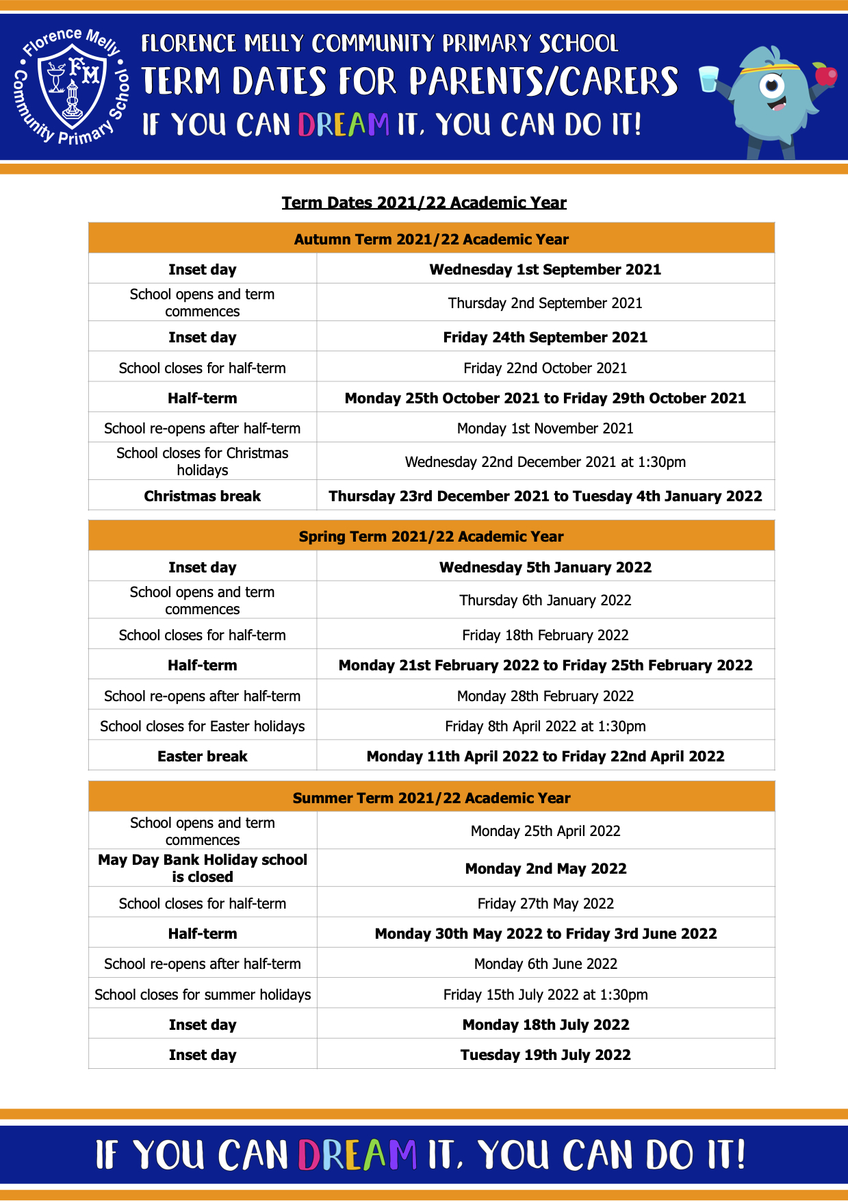 Term Dates - Florence Melly Community Primary School