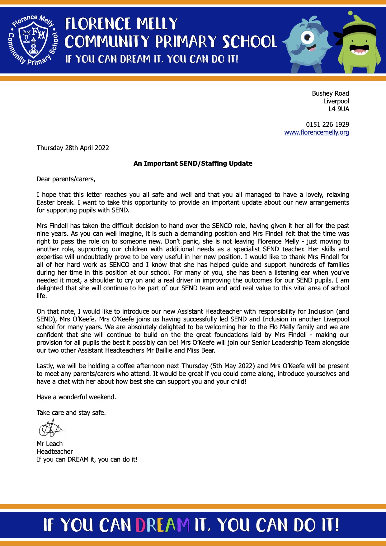 An Important SEND/Staffing Update - Florence Melly Community Primary School
