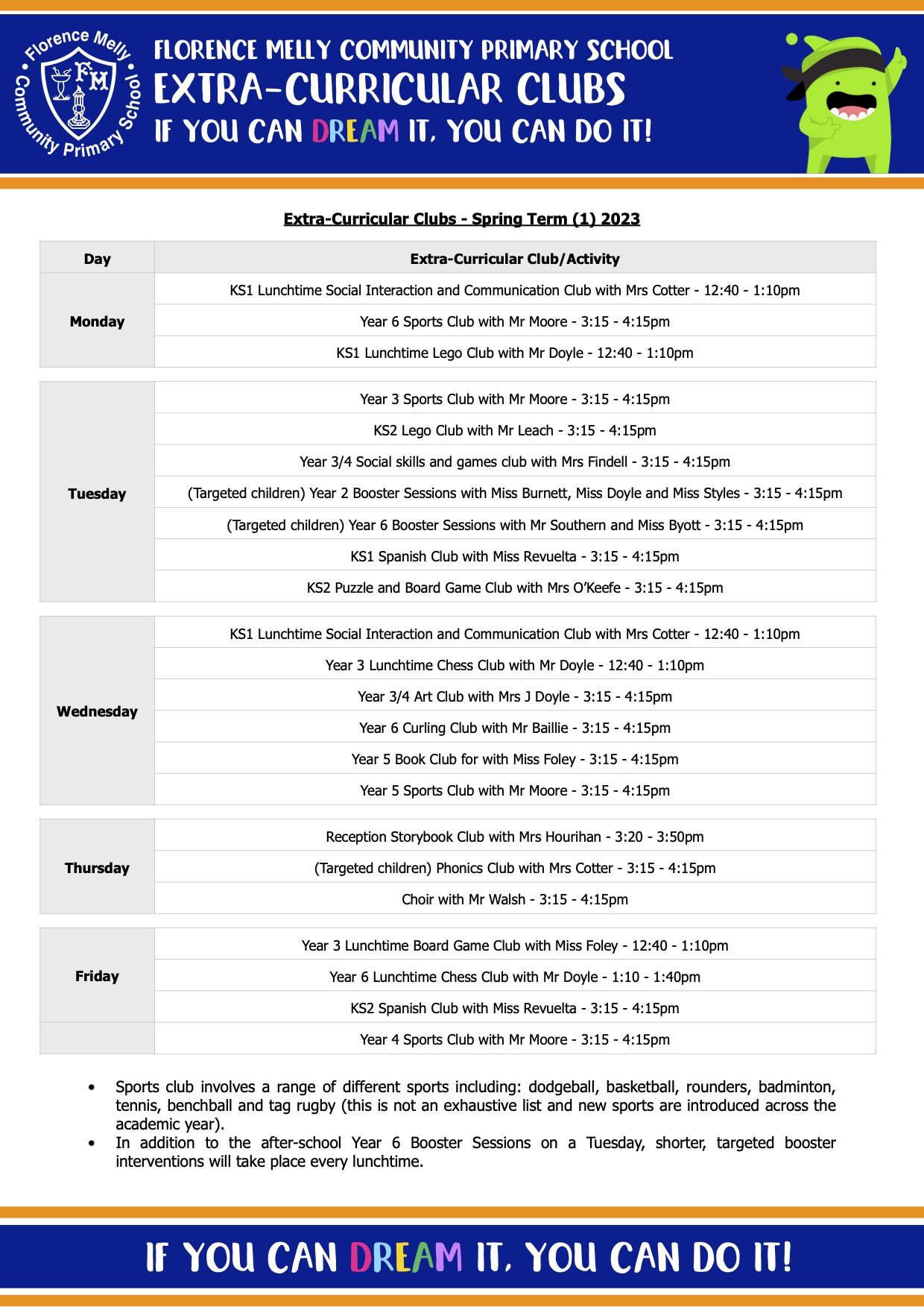 Our extra-curricular clubs this half-term! - Florence Melly Community ...