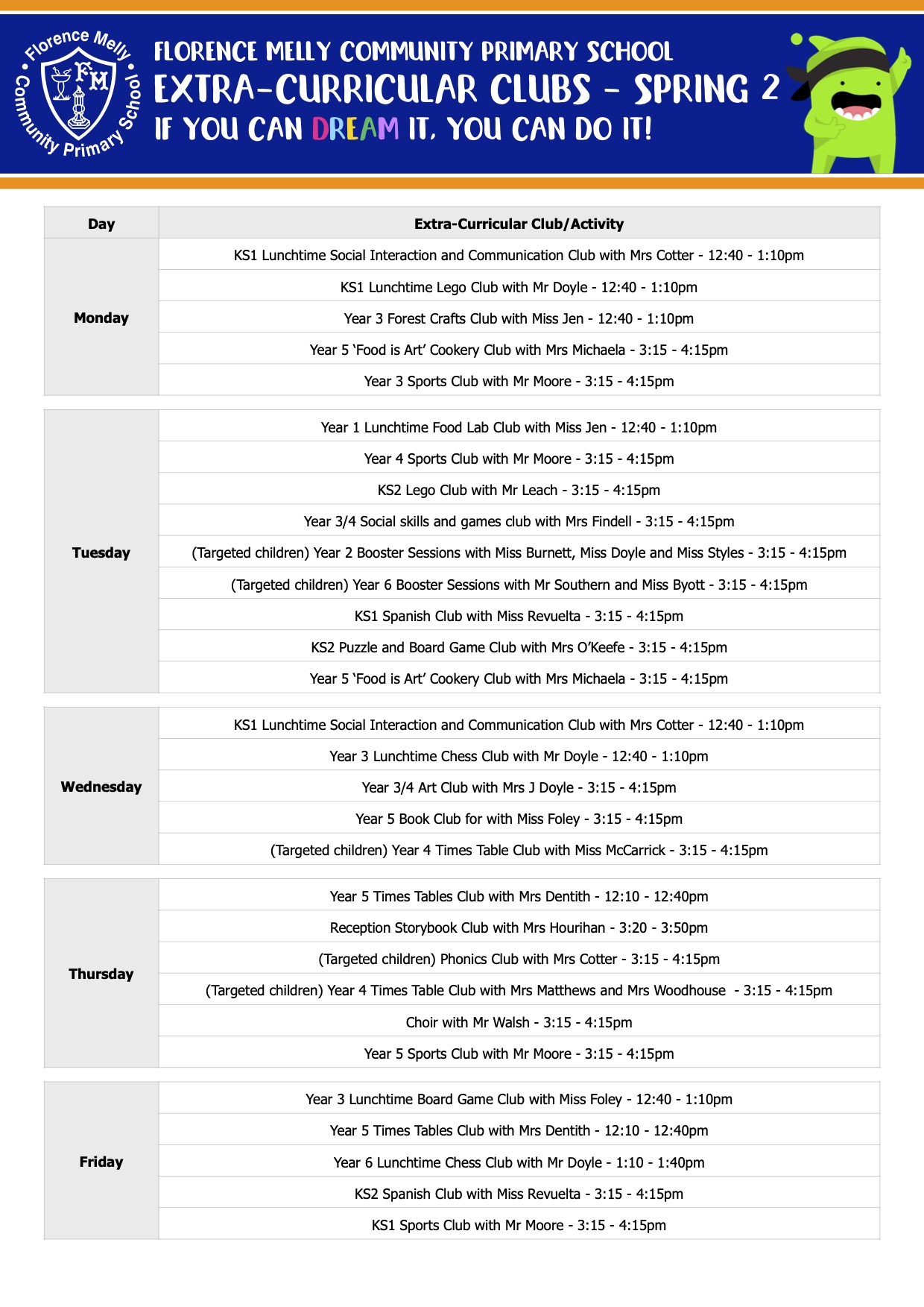 Extra-Curricular Clubs for Spring 2 (after the half-term break ...